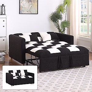 VITOVMA Twin Sleeper Sofa Teddy Fabric Loveseat Couch, 3 in 1 Convertible Sleeper Chair Bed Pull Out Sofabed with Reclining Backrest, 2 Pillows, RV Furniture for Small Places (Black & White)