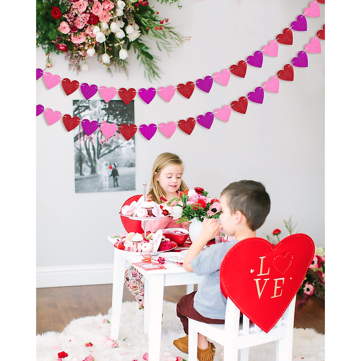 2PCS 27.6Ft Valentines Day Heart Banner - Valentine Glitter Garland Red Pink Rosy Wedding Party Decorations Ornaments