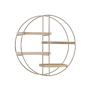 Linon Kenson Round Metal and Greywashed Wood Four Shelf Wall Storage in Gold