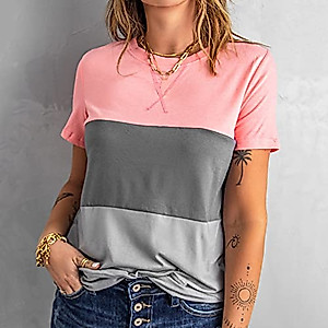 2023 Spring Summer New Matching Short Sleeve Top Shirt Women Loose Versatile Top Color Matching Pink