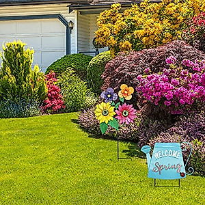 Garden Decor for Outside, YEAHOME Decorative Garden Stakes Metal Watering Can with 4 Flowers, Welcome Spring Yard Signs for Outdoor Lawn Backyard Patio Decorations