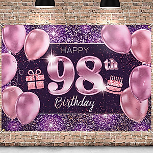 PAKBOOM Happy 98th Birthday Banner Backdrop - 98 Birthday Party Decorations Supplies for Women - Pink Purple Gold 4 x 6ft