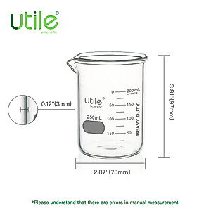 Utile 12pcs of Heavy Duty Glass Beakers, Vol.250m(8.5oz), Borosilicate 3.3 Glass with Double Scaled Printed Graduation, 4046.0250.12