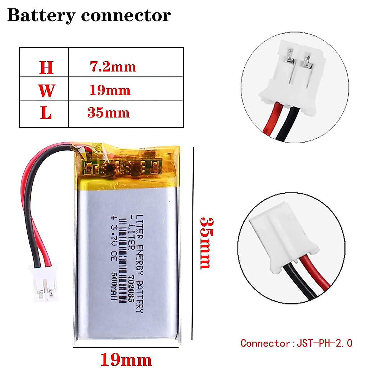 Liter Energy Battery 3.7V Lipo Battery 500mAh Rechargeable Lithium ion Polymer Battery 702035 Lithium Polymer ion Battery with JST Connector