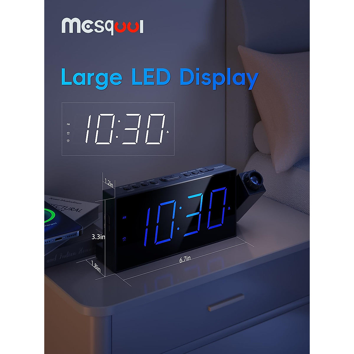 Digital Projection Alarm Clock for Bedroom, Large LED Alarm Clock with Projection on Ceiling Wall, 350°Projector,Dimmer,USB Charger, Battery Backup Loud Dual Alarm Clock for Heavy Sleeper Kids Elderly