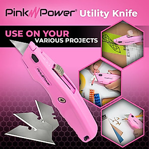 Pink Power Pink Box Cutter Retractable, Pink Utility Knife for Carpet, Box Cutter Knife Heavy Duty with 3 Blades and Storage Compartment - Box Opener Pocket Utility Pink Knife Tools for Women - 5 Pack