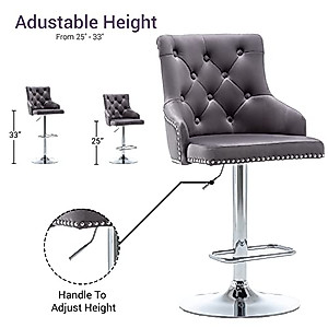 BTEXPERT Set of 2 Premium upholstered Dining 25" - 33" Adjustable High Back Stool Bar Chairs, Gray Tufted Nailhead Trim, (5153GR-2)
