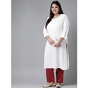 Ada Indian Hand Embroidered Chikankari White Cotton Kurti Kurta Tunic for Women A100376 (Small)