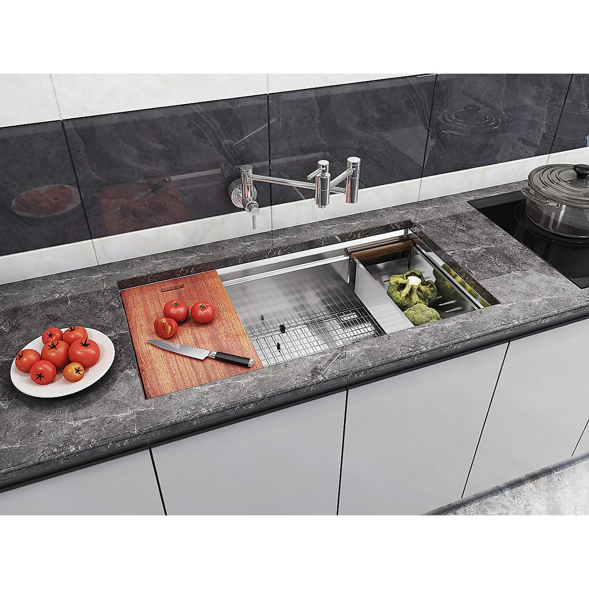 KINGSMAN ALL-IN-ONE Workstation 36 in. 16-Gauge Undermount Single Bowl Stainless Steel Kitchen Sink w/Build-in Ledge and Accessories (Brushed Stainless Steel)