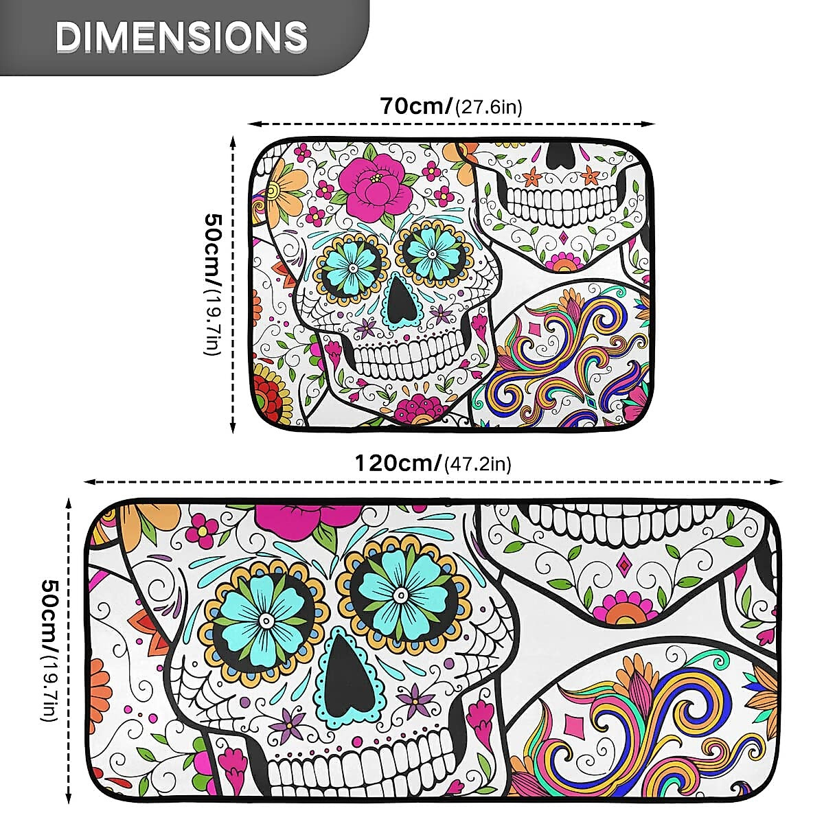Emelivor Day Dead Sugar Skulls Kitchen Rugs and Mats Set 2 Piece Non Slip Washable Runner Rug Set of 2 for Kitchen Floor Home Decorative Laundry