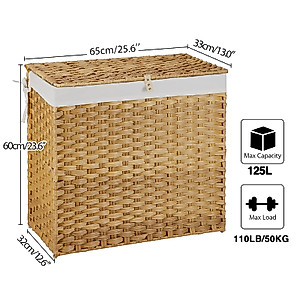 Greenstell Laundry Hamper with Lid, 125L Large Clothes Hamper with 3 Section & 2 Section Removable Liner Bags & 5 Mesh Laundry Bags, Handwoven Synthetic Rattan Divided Laundry Basket, Natural