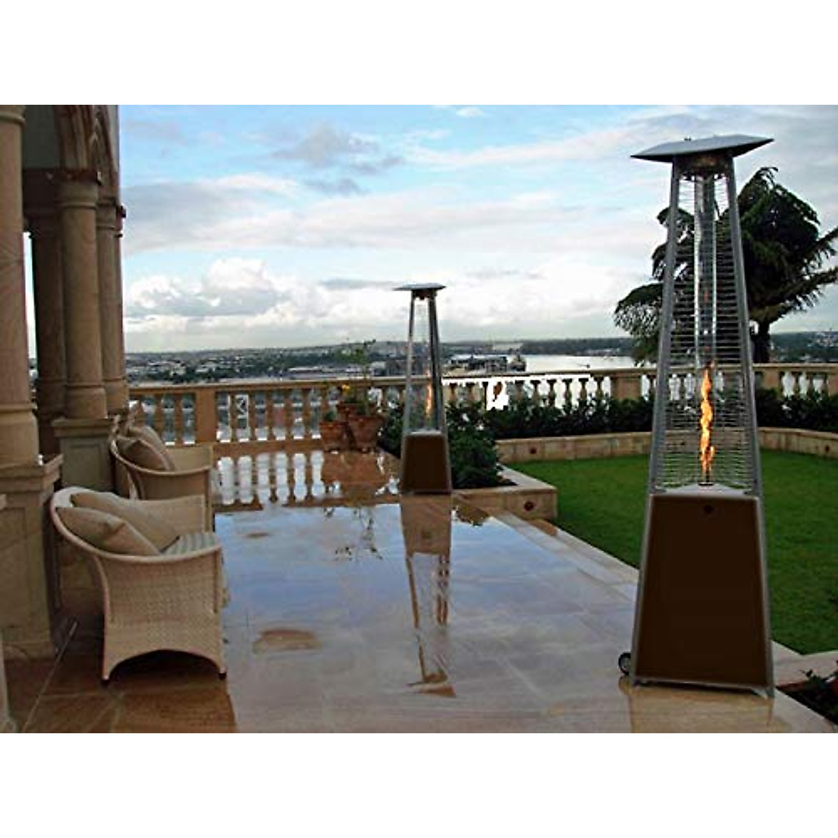 Hiland NG-GT-BRZ Natural Gas Commercial Glass Tube Patio Heater w/Wheels, 42,000 BTU, Variable Heat Control, Pyrmaid, Bronze