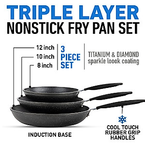 Granitestone 3 Piece Nonstick Frying Pan Set, 8”, 10” & 12” Nonstick Mineral and Diamond Triple Coated Frying Pans, Nonstick Skillet Set, Omelet Pan, PFOA Free, Dishwasher Safe, Cool Touch Handle