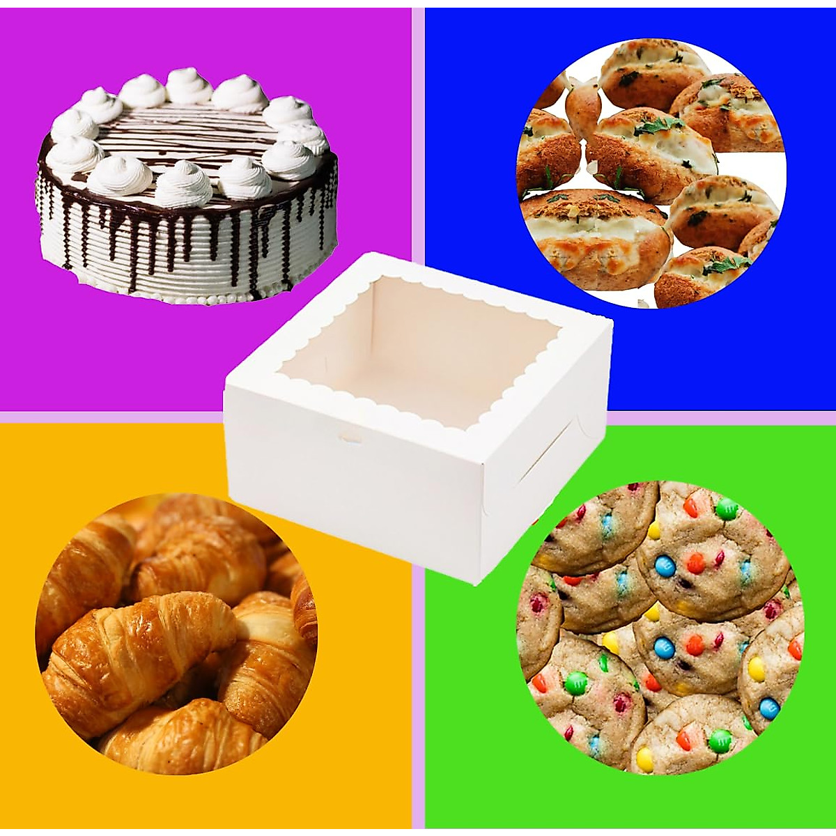 Exceptional Value Bundle | 4-Pack Cake Boxes (10x10x5 Inches) 4 Corrugated White Cake Boards & 4 Happy Birthday Cake Toppers. | 350 GSM Thick Sturdy Cardboard | Fancy Design See-Through Window |