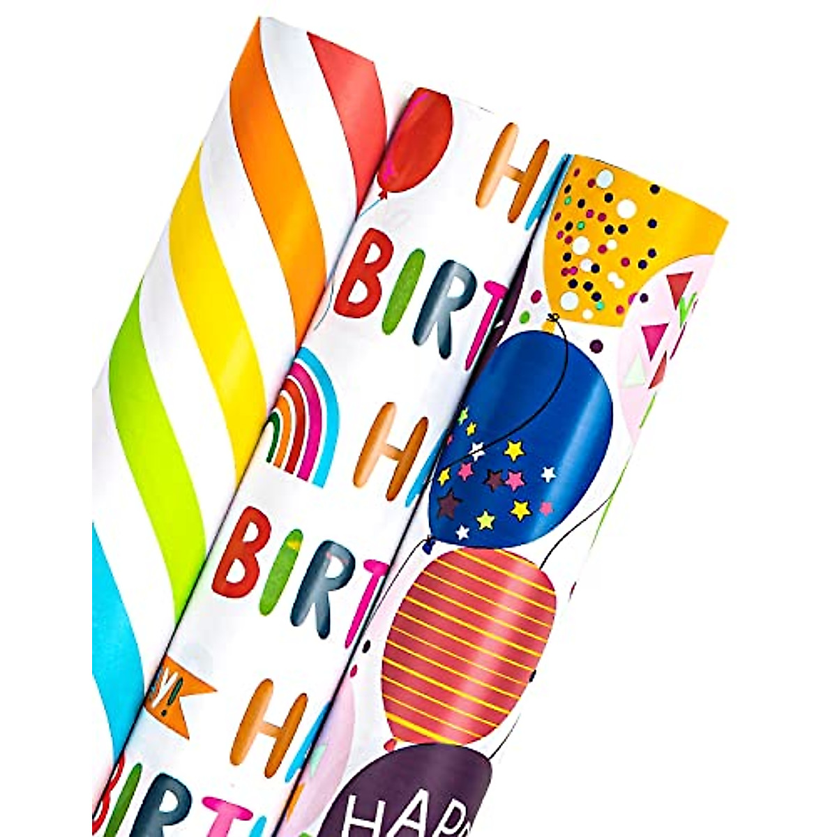 WRAPAHOLIC Birthday Wrapping Paper Roll - Mini Roll - 3 Rolls - 17 Inch X 120 Inch Per Roll - Colorful Balloons, Stripes, Happy Birthday for Party, Celebration, Baby Shower