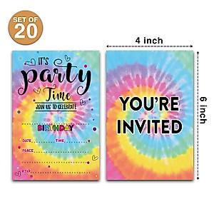 Disfuco Tie Dye Birthday Party Invitations - Tie Dye Party Supplies - Fill in The Blank Birthday Party Invites - 20 Invitation Cards With 20 Envelopes (007A)