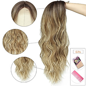 Ombre Blonde Wigs for Women 26 Inch Long Curly Wavy Blonde Wig Natural Looking Lace Middle Part Wig with Dark Root Synthetic Heat Resistant Wigs for Daily Party Use