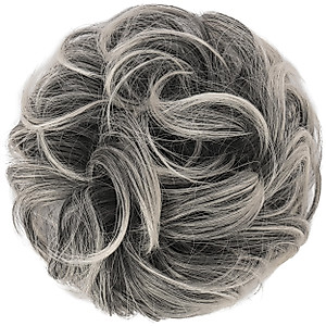 FESHFEN Messy Bun Hair Piece - Elastic Wavy Curly Hair Bun Scrunchies Extensions Synthetic Chignon Hairpieces for Women Girls, Gray and White Tips 1 PCS