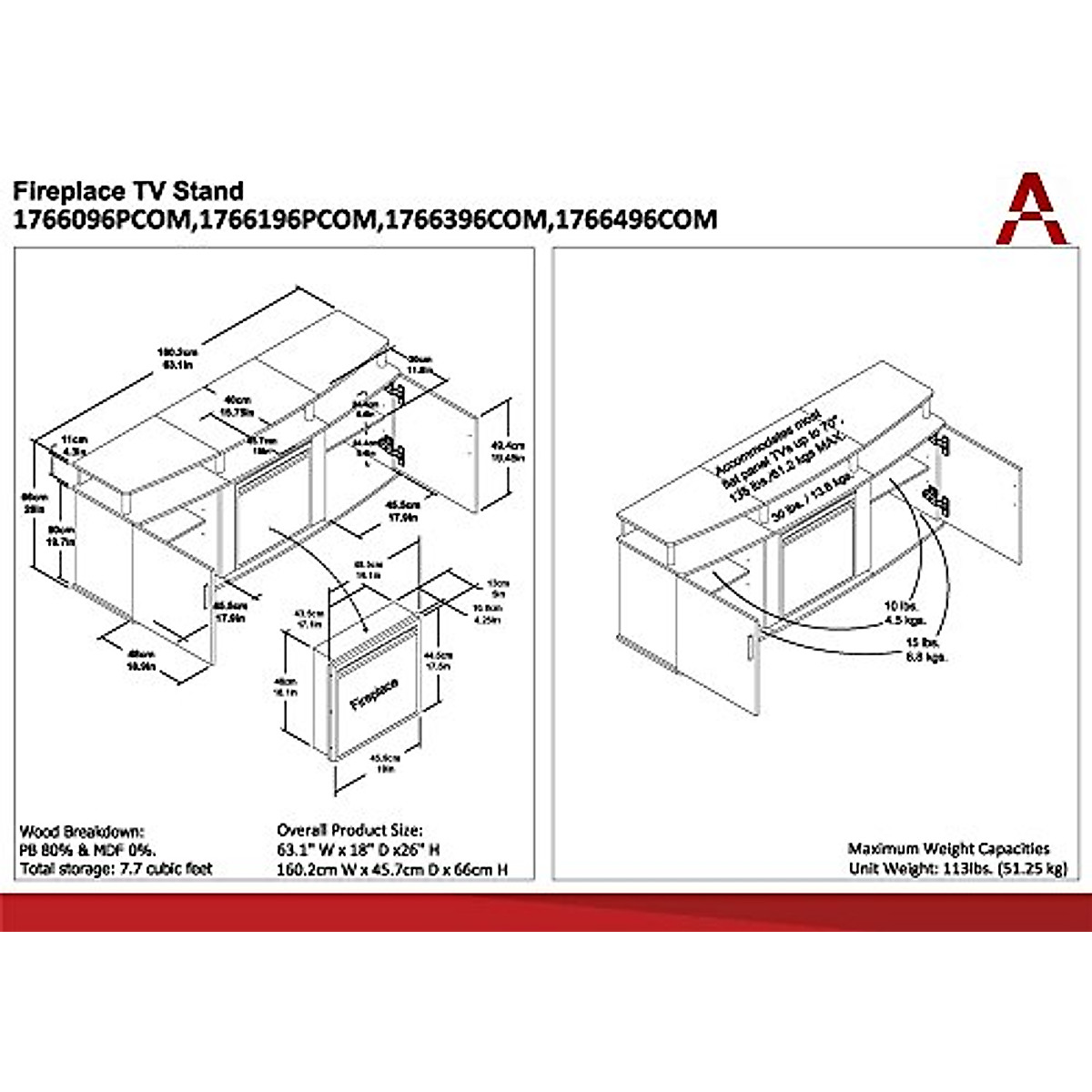 Ameriwood Home Carson Fireplace TV Stand for TVs up to 70 Inch, Replaceable Electric Fireplace Insert Heater, Realistic Log and Flame Effect, For Living Room or Bedroom, Black