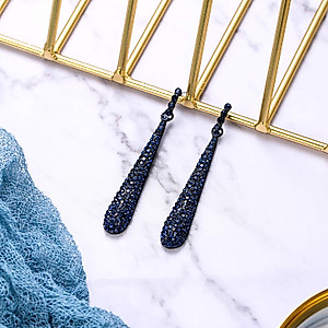 BriLove Wedding Bridal Elegant Crystal Beaded Teardrop Long Dangle Earrings for Women Navy Blue Black-Tone