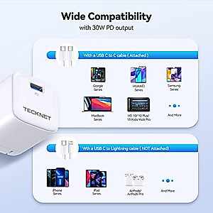 USB C Charger, TECKNET 30W USB C Tablet Wall Charger, GaN Charger Power Adapter, PD Fast Charging Block with USB C Cable Compatible with iPad/MacBook/Pixel/Samsung Galaxy S22