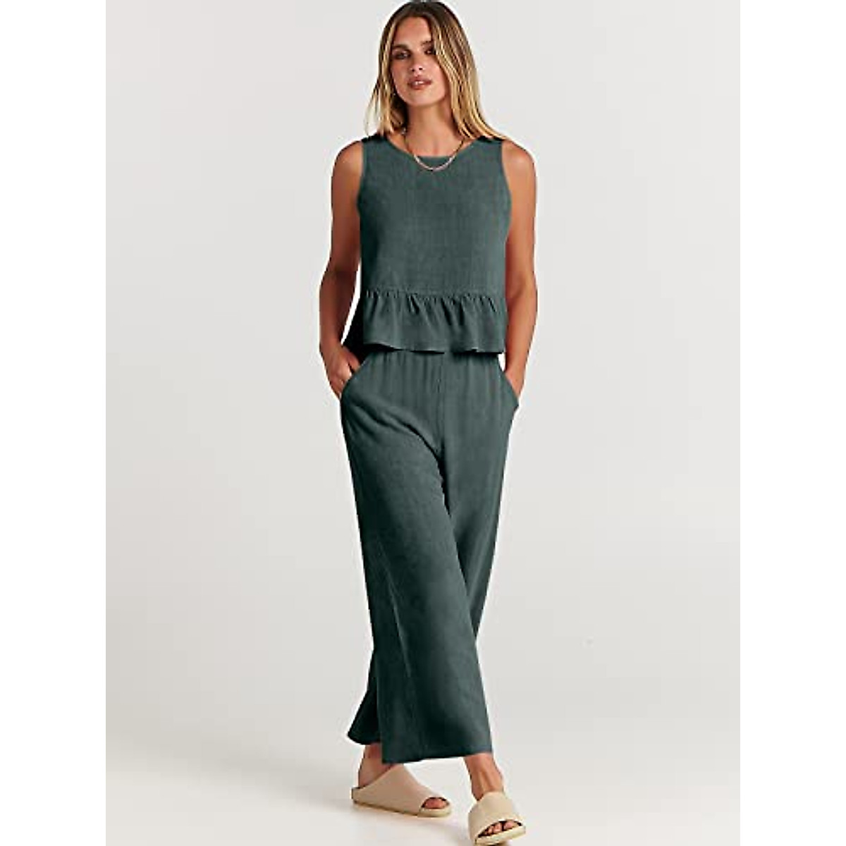 ANRABESS Two Piece Outfits for Women Cruise Resort Wear 2023 Summer Set Vacation Sleeveless Linen Crop Tank Top Casual Matching Lounge Sets Tracksuits Long Pants Jumpsuits Clothes 817shenhui-L