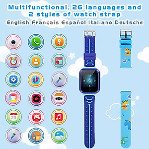 Upgraded 4G GPS Smartwatch for Girls Boys, IP67 Waterproof Sport Smart Watch Phone for Kids, with Camera WiFi Video Call Phone Call SOS Pedometer, 2-Style Watch Straps for Children 3-14 Years-Blue