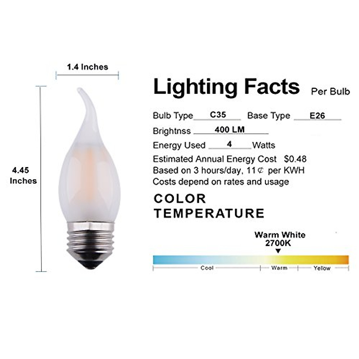 OPALRAY C35 4W(40W Incandescent Equivalent) LED Candelabra Bulb, LED Filament Light, Normal E26 Base, 2700K Warm White Light, Dimmable, Frosted Glass, Flame Tip, 5 Pack