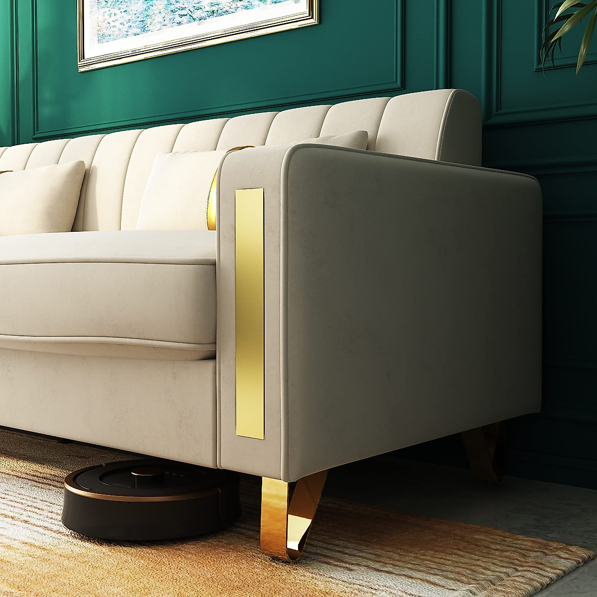 Couch 85.62" 3 Seats Sectional Velvet Fabric Sofa Easy Assemble Sofa Bed with 2 Couch Pillows,Gold Metal Legs for Living Room (P17, 2 PCS Beige)