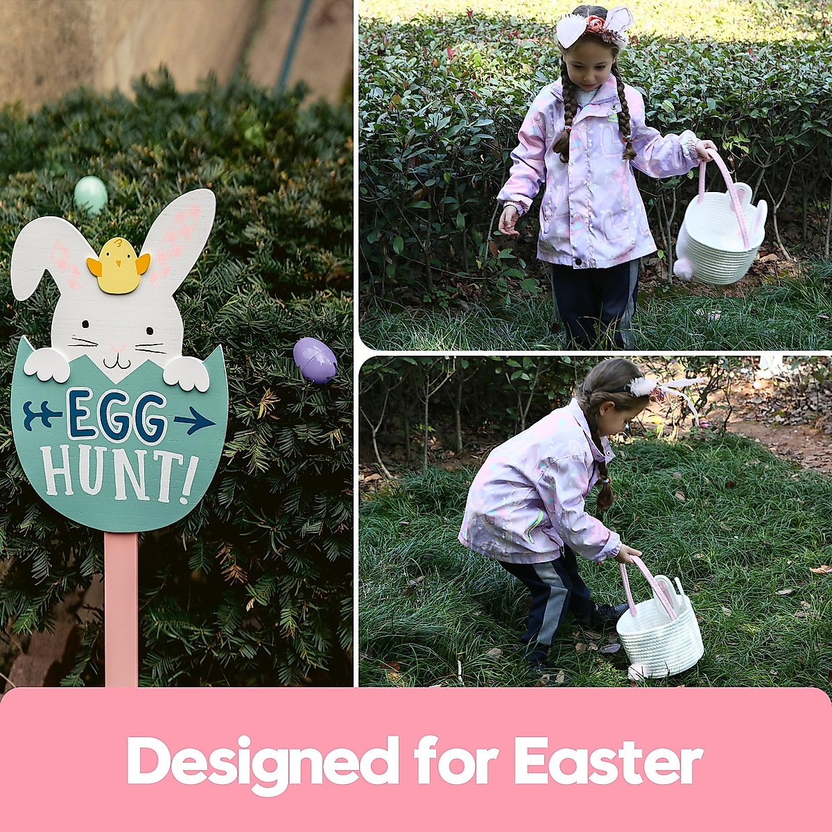 Sea Team Easter Bunny Basket for Eggs Hunt, Easter Eggs Bucket, Small Woven Cotton Rope Tote Bag with Rabbit Ears & Fluffy Tail for Kids, Easter Days Decoration, Party, Holidays, Pink