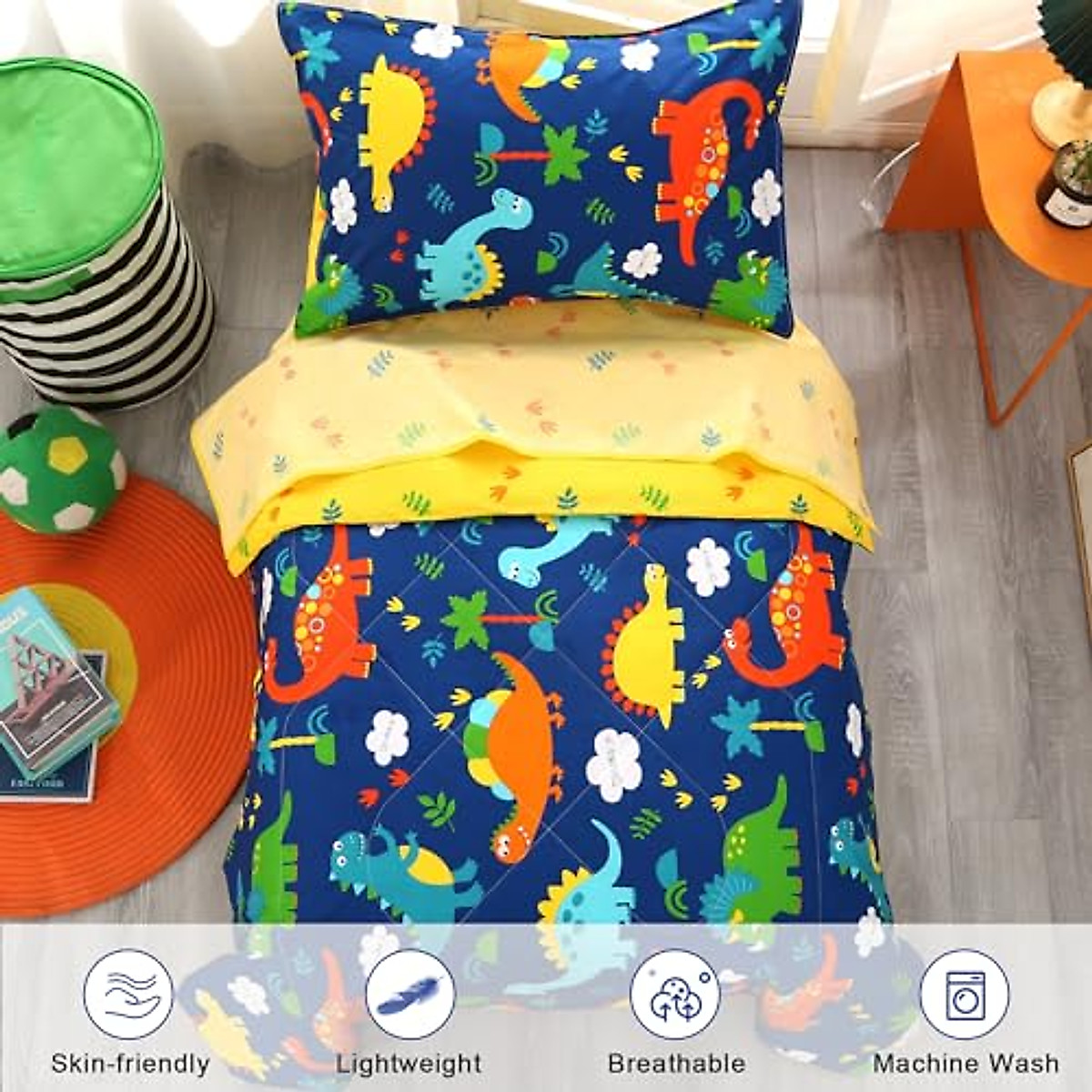 Wowelife Dinosaur Toddler Bedding Sets for Boys Blue Premium 4 Piece Dinosaur Toddler Comforter Set Bed-in-a-Bag, Super Soft and Comfortable with Comforter, Flat Sheet, Fitted Sheet and Pillowcase