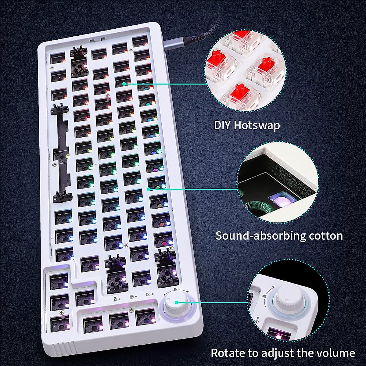 GK68 RGB Hot-Swappable Programmable Junction Box Can Be Replaced with Switch DIY Mechanical Keyboard Kit, Support AKKO, Cherry MX, Gateron, Kailh Mechanical Axis (White, White)