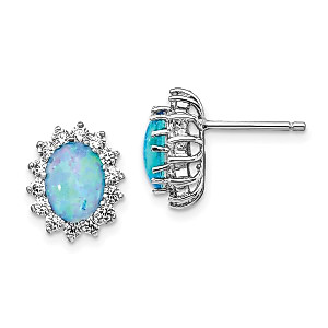 925 Sterling Silver Cabochon Lab Grown Created Blue Opal Cubic Zirconia CZ Stud Earrings
