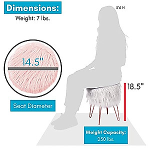BIRDROCK HOME Pink Faux Fur Vanity Stool Chair - Soft Furry Compact Padded Seat - Vanity, Living Room, Bedroom and Kids Room Chairs - Hair Pin Metal Legs Upholstered Decorative Furniture Foot Rest