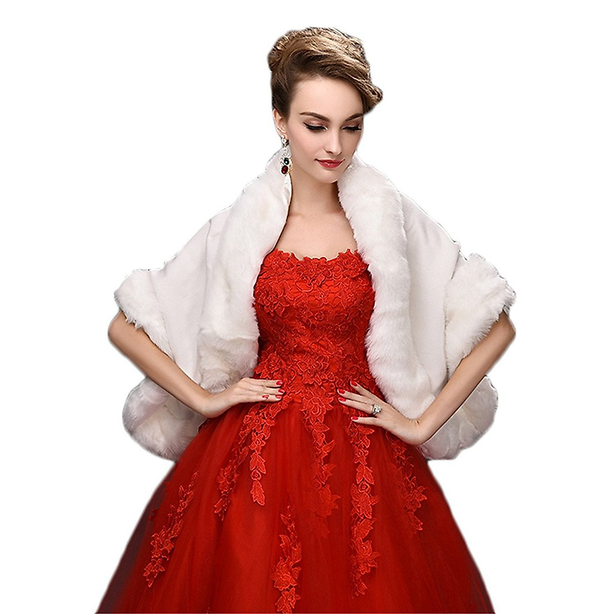 CHITONE Women's Faux Fur Wraps for Evening Dresses Faux fur Shrug Cape Stole White Faux fur Shawl Scarf for Wedding/Party/Show