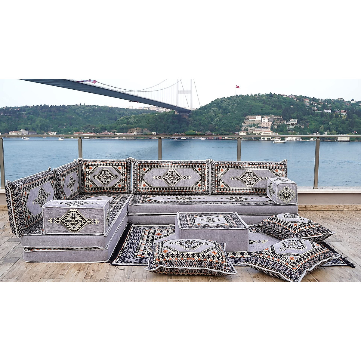 Gray L Shaped Arabic Sofa Set, Floor Couch, Sectional Sofas, Arabic Majlis, Turkish Rug, Couch Covers for 3, Sofa Bed, Poufs (L Sofa Full Set)