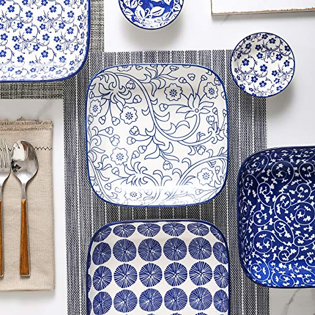 Selamica Porcelain 8-inch Square Dinner Plates, Salad Pasta Bowls, Set of 6, Vintage Blue