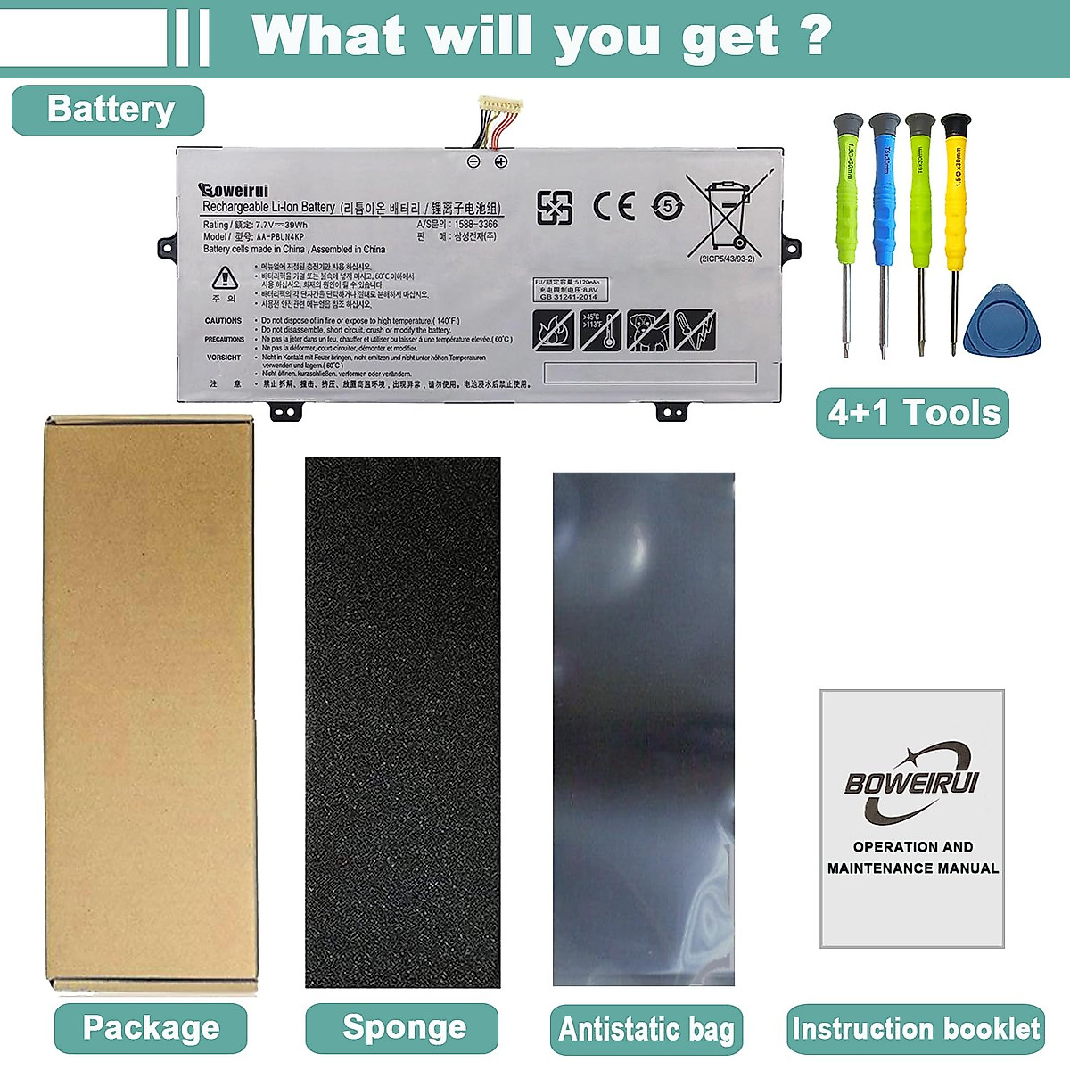 BOWEIRUI AA-PBUN4KP Battery for Samsung Notebook 9 Pen 930QAA 930QBE NP930QAA 930QAA-K716 NP930QAA-K04 930QAA-K01 930QAA-K716 NT930QBE NT930QBV NP930QAA-K01C Series Notebook (7.7V 39Wh/5120mAh)