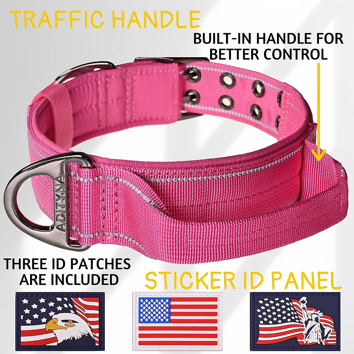 ADITYNA Heavy Duty Dog Collar with Handle - Reflective Pink Dog Collar for Large Girl Dogs - Wide, Thick, Tactical, Soft Padded - Perfect Dog Collar for Training, Walking, or Hunting