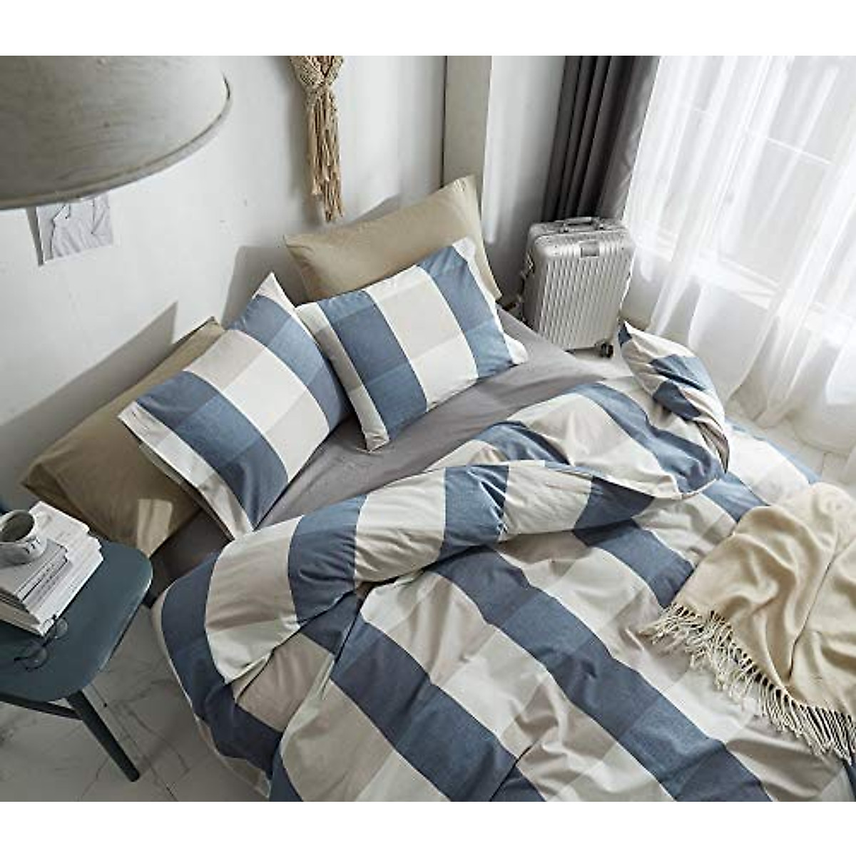 HYPREST Queen Duvet Cover - 100% Cotton Duvet Cover Queen Blue Buffalo Plaid Soft Breathable Farmhouse Style