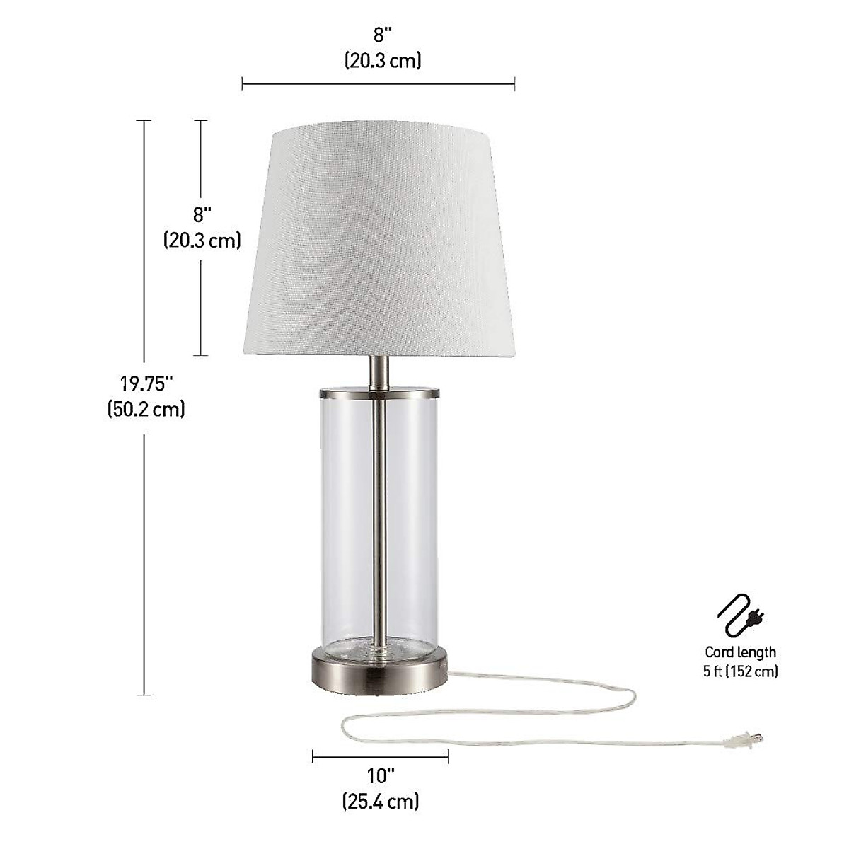 Globe Electric 67155 20" Fillable Table Lamp, Clear Glass and Steel Base, White Fabric Shade, Reading Light, Home Essentials, Bedroom, Nightstands, Room Décor, Dorm
