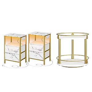 YATINEY Nightstands Set of 2 with Charging Station, End Table with LED Lights and Lazy Susan Organizer, Rotating Spice Rack, 2 Tier Spice Turntable Organizer ET12L2DM-SR22DW