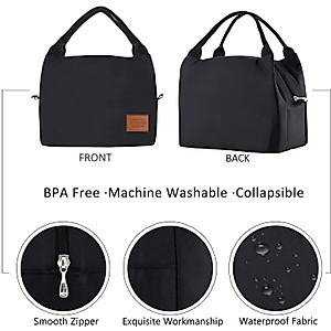 Aosbos Black Lunch Bag Women Teens Insulated Lunch Box Men Adult Lunchbox Lunch Tote Reusable Meal Prep Container Bag Bento Box Cooler Bag for Work Office Picnic Loncheras Para Hombres Mujer