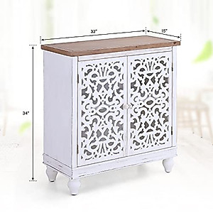 MAISON ARTS White Accent Cabinet with 2 Doors Storage Sideboard Buffet Cabinet for Living Room Kitchen Farmhouse Decorative Distressed Tall Bedroom Cabinet with Hollow Carved Doors
