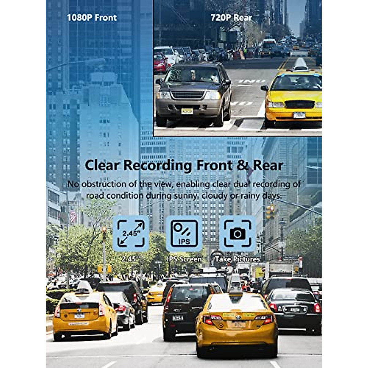 Dash Cam Front and Rear, Mini Dash Cam 1080P Full HD with 32GB SD Card, 2.45 inch IPS Screen, 2 Mounting Ways, Night Vision, WDR, Accident Lock, Loop Recording, Parking Monitor, Motion Detection