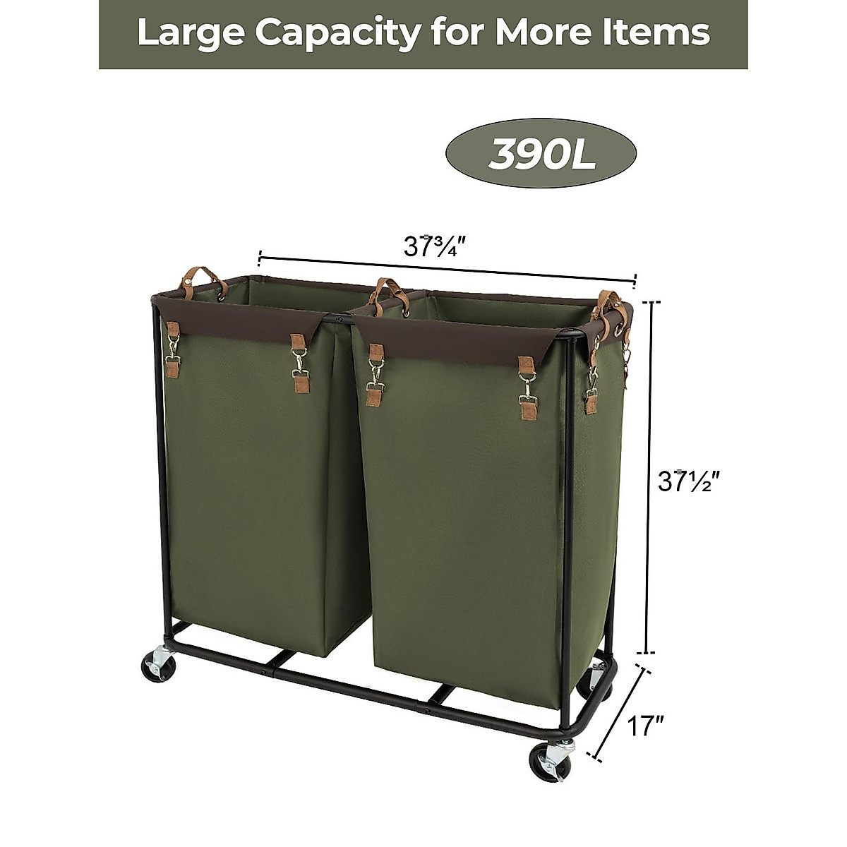 StorageWorks Laundry Sorter Cart with 2 Sections, 390L Laundry Cart with Wheels, Extra Large Double Laundry Hamper, Laundry Basket Divider for Hotel, Home, Green, 1-Pack