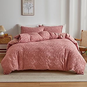 Warmarky Pink Duvet Cover Queen Size Boho Tufted Duvet Cover Queen(90x90’’) Soft Breathable Cation Microfiber Light-Weight Bedding Set,1pcs Comforter Cover,2pcs Envelop Pillowcase