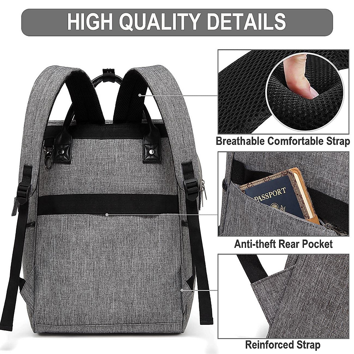 VASCHY Laptop Backpack, Vintage Water Resistant Anti-theft Travel Backpack for Men and Women 15.6inch with USB Charging Port Charcoal Gray