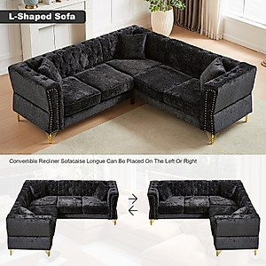 82" Oversize Chenille L-Shaped Corner Sofa,5-Seater Nailhead Trim Sectional Chesterfield Couch with 3 Cushions for Living Room, Bedroom (Black)