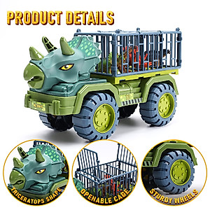 CUTE STONE Dinosaur Truck for Kids 3-5, Dinosaur Transport Truck with Dinosaur Toys and Play Mat, 2 Friction Powered Cars, 4 Pull Back Dinosaur Cars, Dino Car Playset for Boys